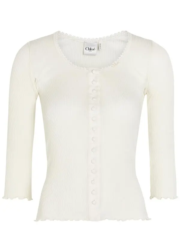 Chloé Ribbed Lace-trims Cotton And Silk-blend Top - White