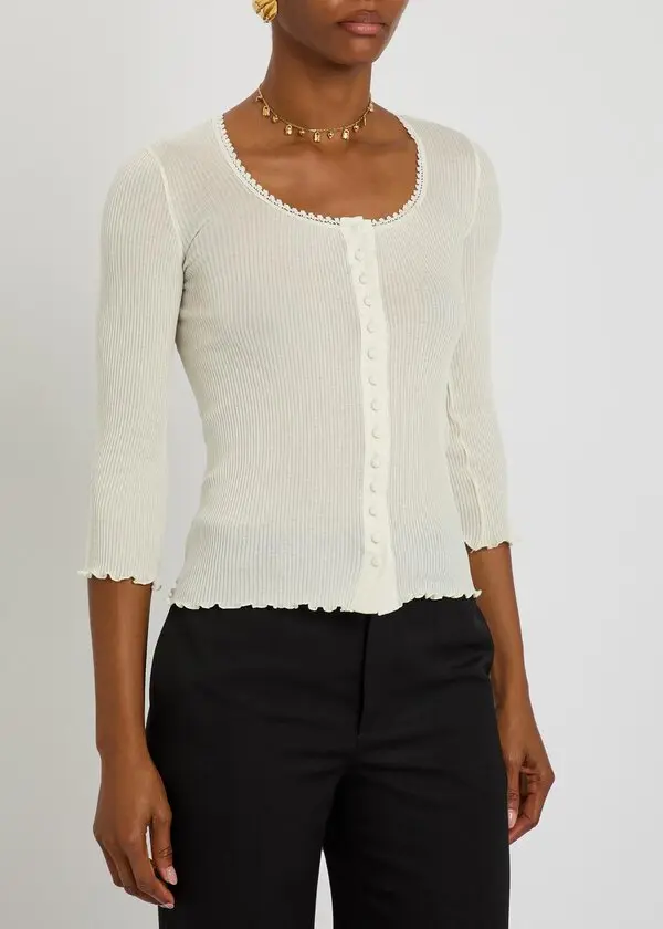 Chloé Ribbed Lace-trims Cotton And Silk-blend Top
