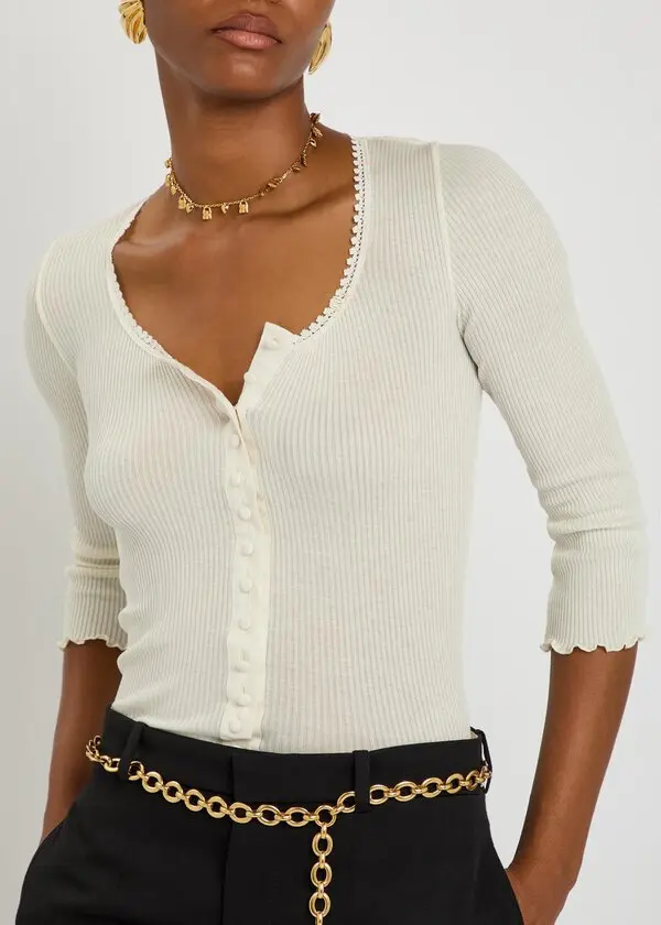 Chloé Ribbed Lace-trims Cotton And Silk-blend Top