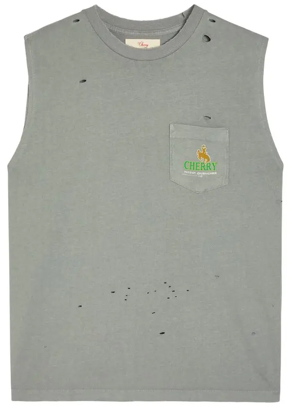 CHERRY LOS ANGELES Thirst Quencher Printed Distressed Running Vest - Black Grey