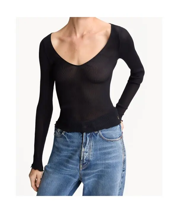Saint Laurent Cassandre V-neck Top In Ribbed Silk