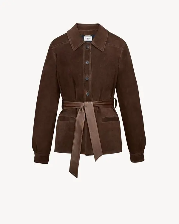 Saint Laurent Belted Jacket In Suede And Shearling