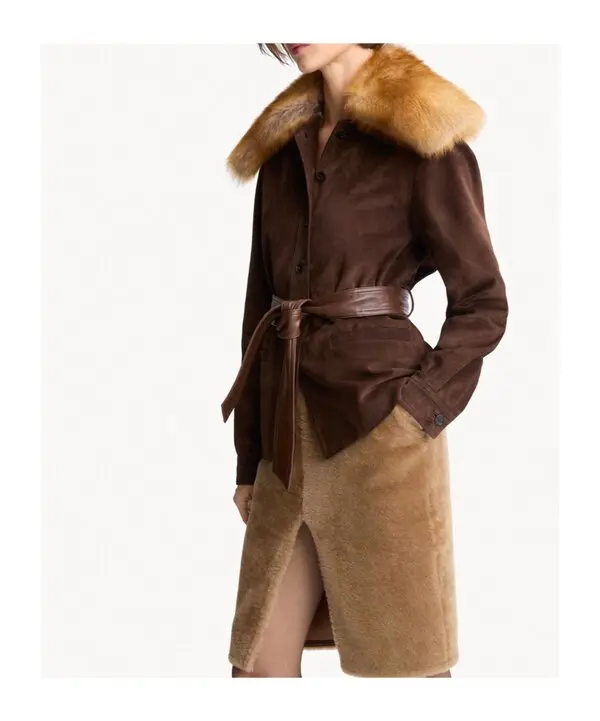 Saint Laurent Belted Jacket In Suede And Shearling