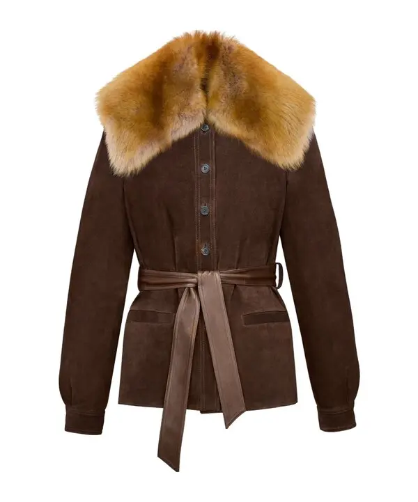 Saint Laurent Belted Suede Jacket With Removable Fur Collar - Black