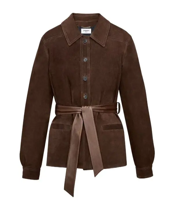 Saint Laurent Belted Suede Jacket With Removable Fur Collar - Black