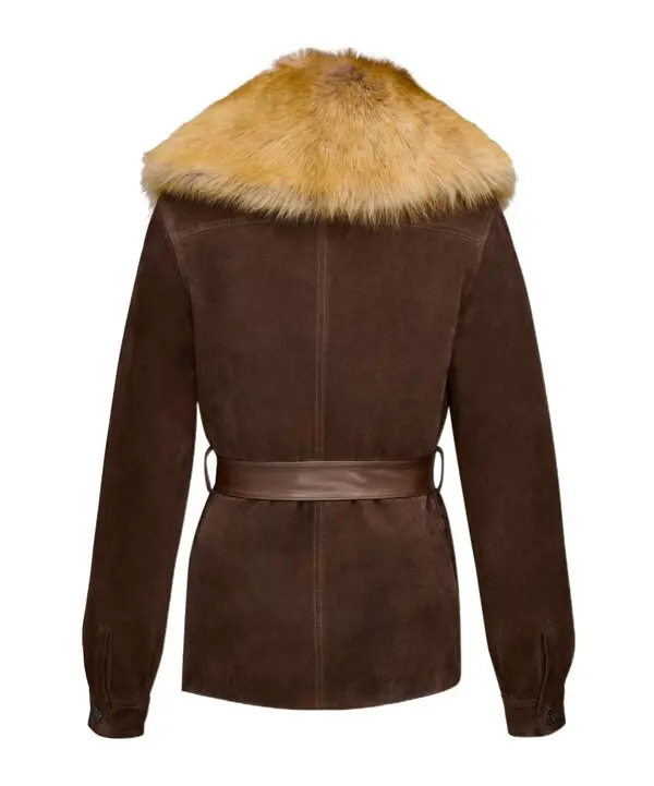 Saint Laurent Belted Suede Jacket With Removable Fur Collar - Black