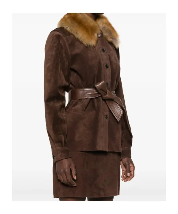 Saint Laurent Belted Suede Jacket With Removable Fur Collar - Black