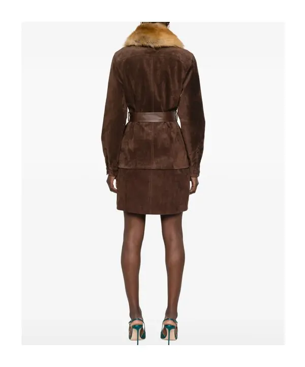Saint Laurent Belted Suede Jacket With Removable Fur Collar - Black