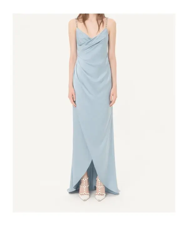 Valentino Garavani Long Cady Satin Dress With Embroidered Straps - Blue
