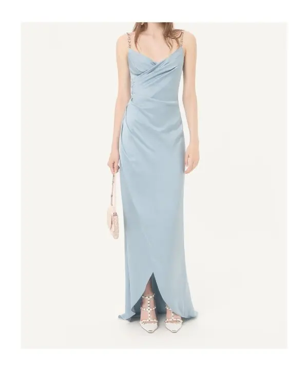 Valentino Garavani Long Cady Satin Dress With Embroidered Straps - Blue