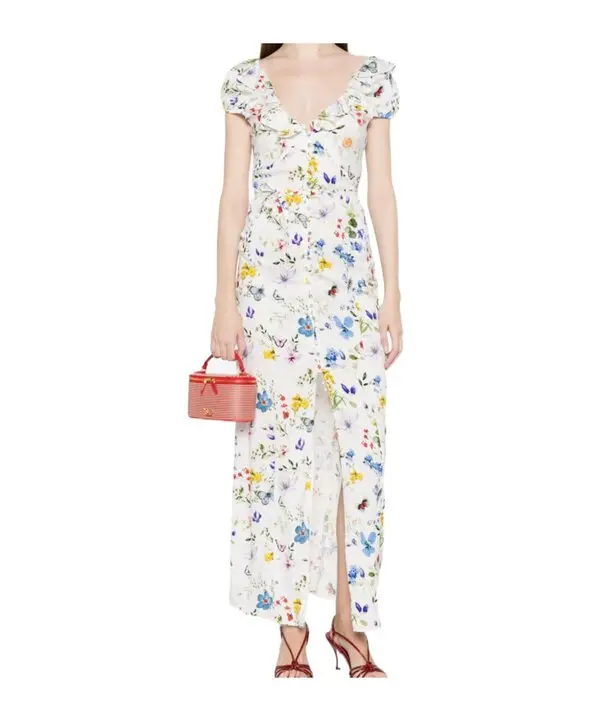 ALICEOLIVIA Tara Ruffled Floral Slip Midi Dress