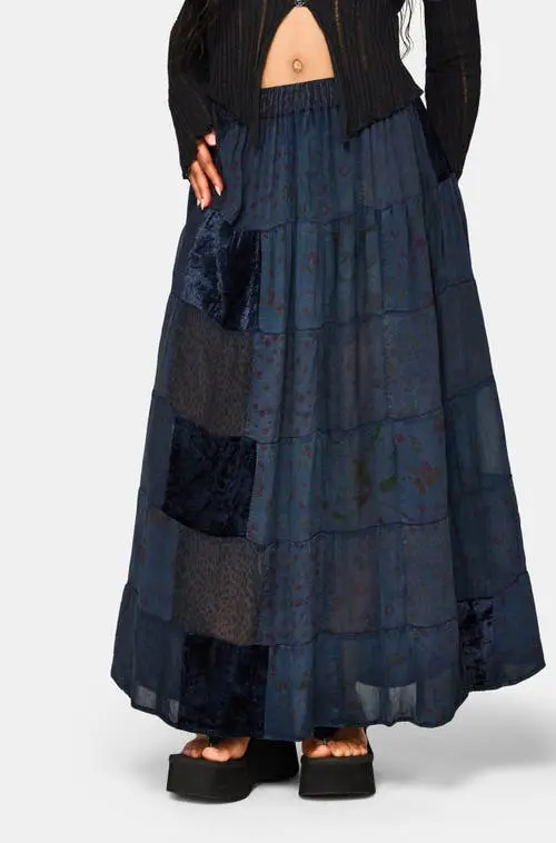 DISTURBIA Mabel Floral Patchwork Maxi Skirt - Navy