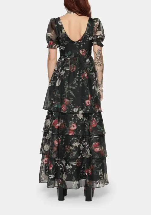 DISTURBIA Anara Fruit Print Tiered Gown