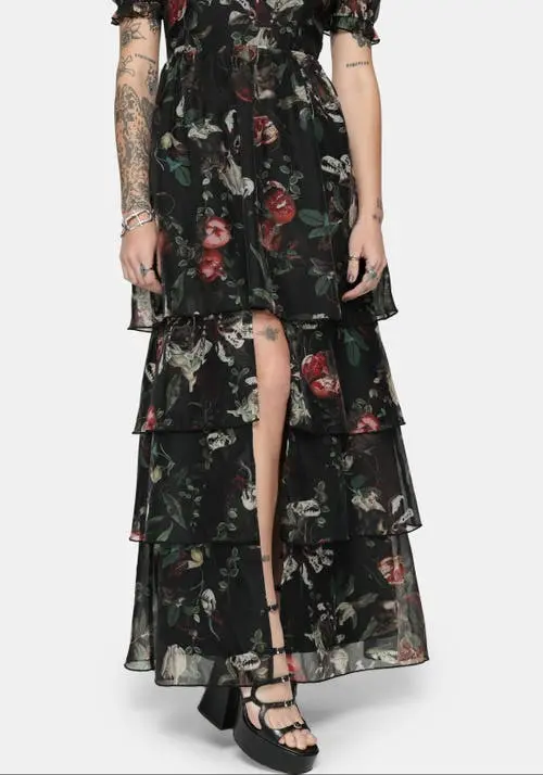 DISTURBIA Anara Fruit Print Tiered Gown