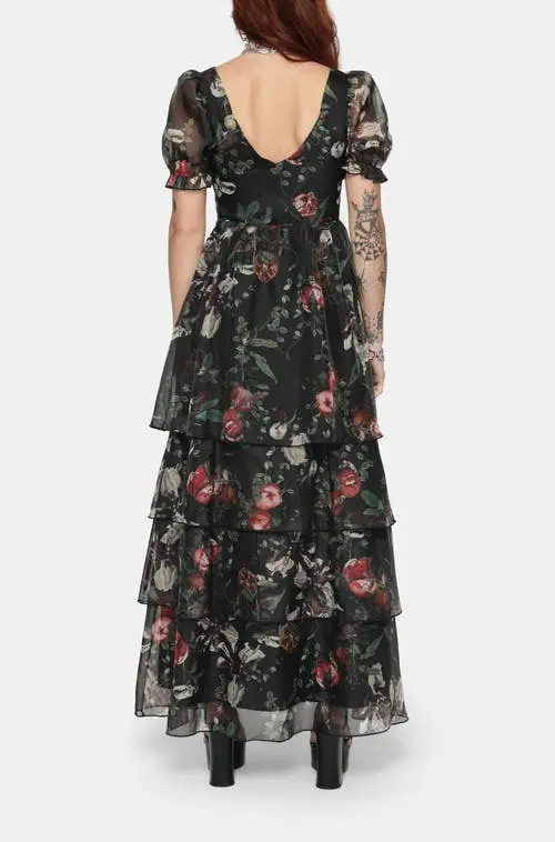 DISTURBIA Anara Fruit Print Tiered Maxi Gown