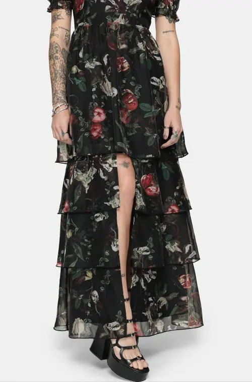 DISTURBIA Anara Fruit Print Tiered Maxi Gown