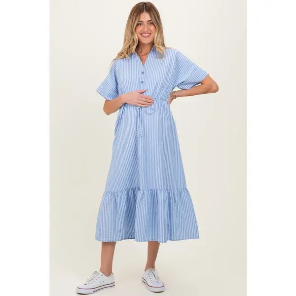 PINKBLUSH Blue Striped Button Collared Midi Dress