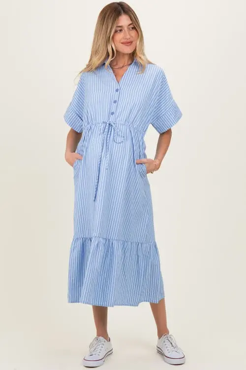 PINKBLUSH Blue Striped Button Collared Midi Dress