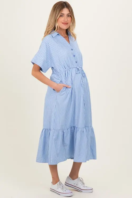 PINKBLUSH Blue Striped Button Collared Midi Dress