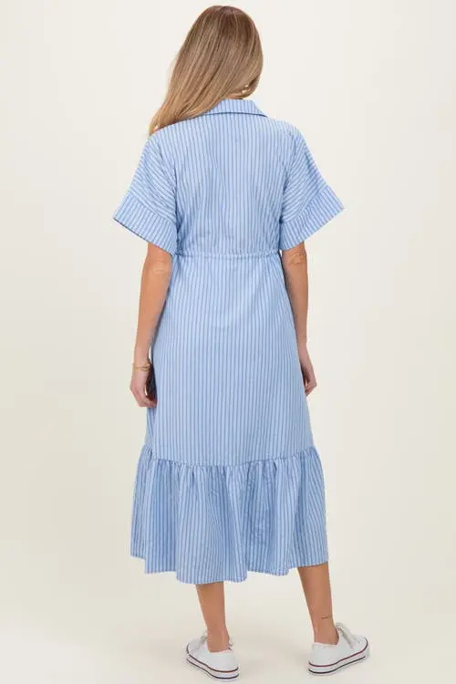 PINKBLUSH Blue Striped Button Collared Midi Dress
