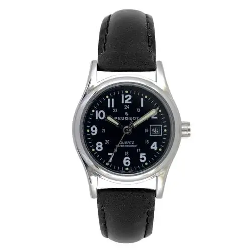 PEUGEOT Stainless Steel Leather Strap Watch - Black
