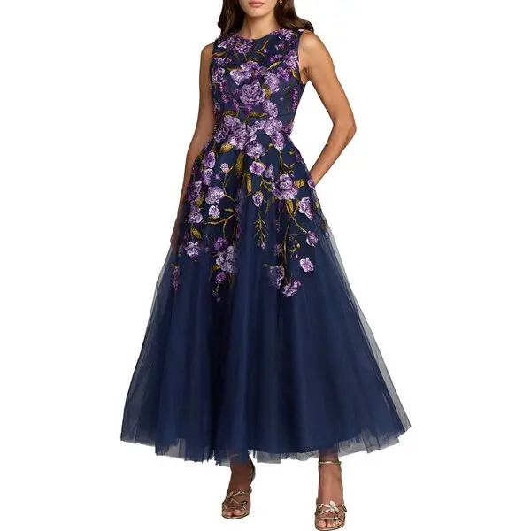 Mac Duggal Embroidered Sleeveless A-line Midi Dress