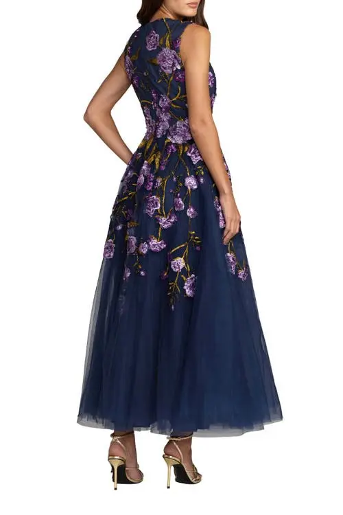Mac Duggal Embroidered Sleeveless A-line Midi Dress