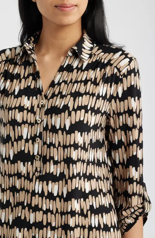 Anne Klein Print Three-quarter Sleeve Button-down Shirt
