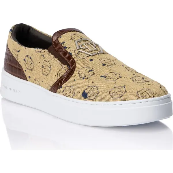 Philipp Plein Slip On Sneakers Denim Jacquard Monogram