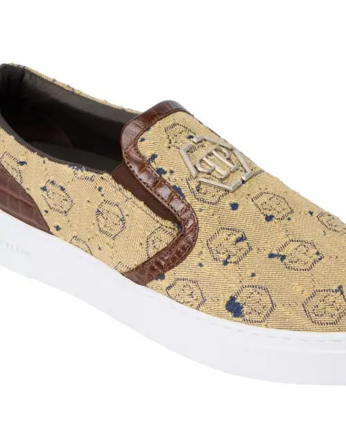 Philipp Plein Slip On Sneakers Denim Jacquard Monogram