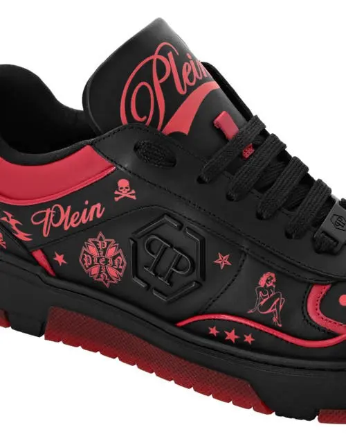 Philipp Plein Nappa Leather Low Top Sneakers All-over Plein - Black/red
