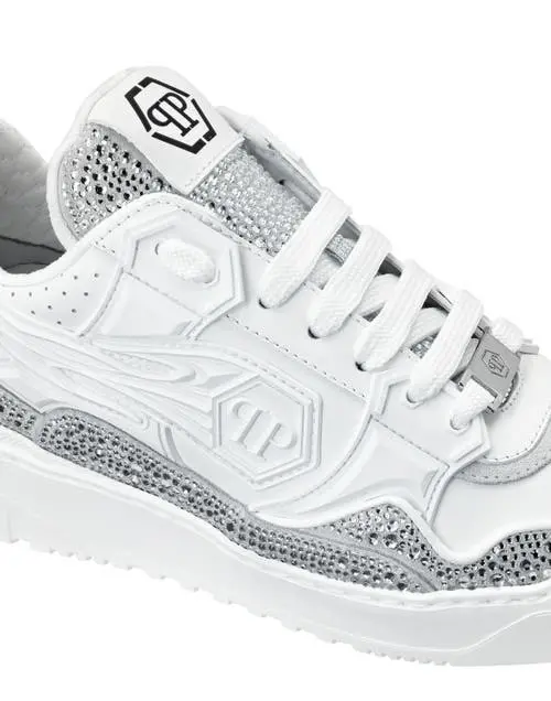 Philipp Plein Mixed Material Rhinestone Low-top Sneakers - White