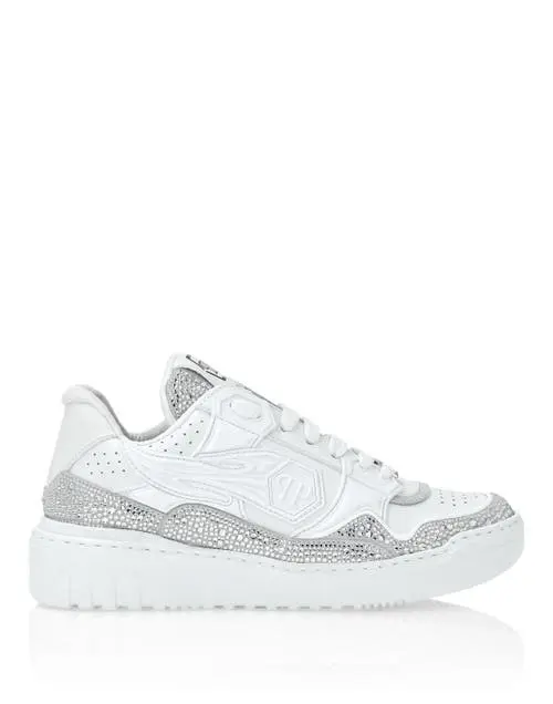 Philipp Plein Mixed Material Rhinestone Low-top Sneakers - White