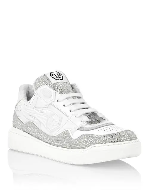 Philipp Plein Mix Leather Lo-top Sneakers With Strass Hexagon - White