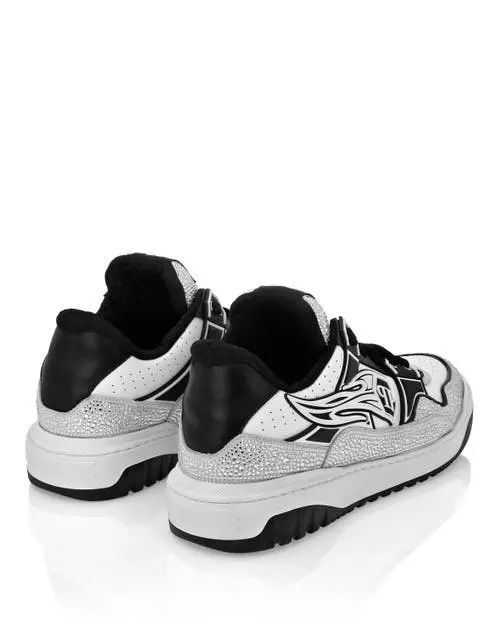 Philipp Plein Mix Leather Lo-top Sneakers Strass Hexagon - White/black