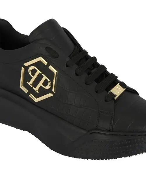 Philipp Plein Croc Effect Runner Sneakers - Black/lightgold
