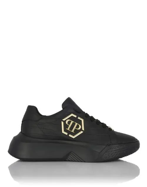 Philipp Plein Croc Effect Runner Sneakers - Black/lightgold