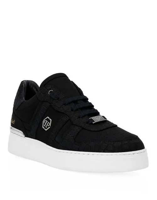 Philipp Plein Nubuck Low Top Sneakers With Croc Effect Detailing - Black