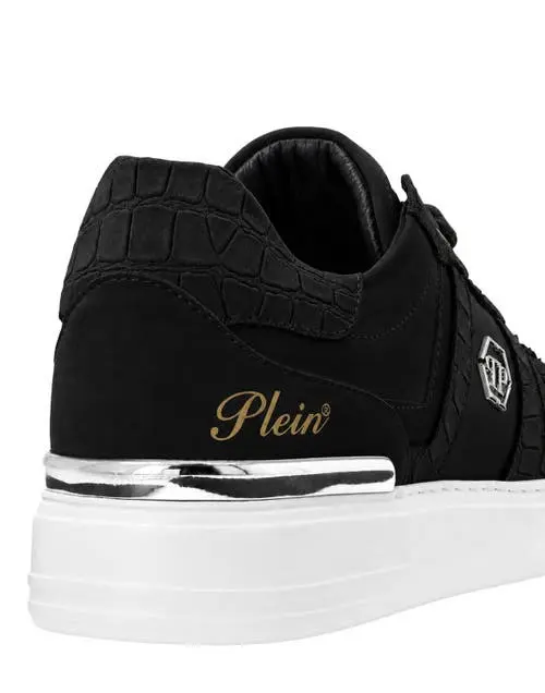 Philipp Plein Nubuck Low Top Sneakers With Croc Effect Detailing - Black