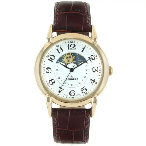 PEUGEOT Sun Moon Vintage Leather Strap Watch40mm - Brown