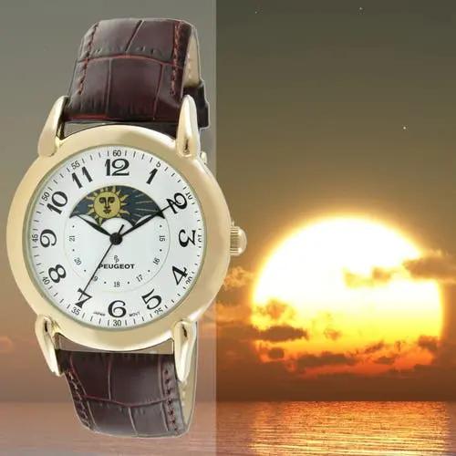 PEUGEOT Sun Moon Vintage Leather Strap Watch40mm - Brown