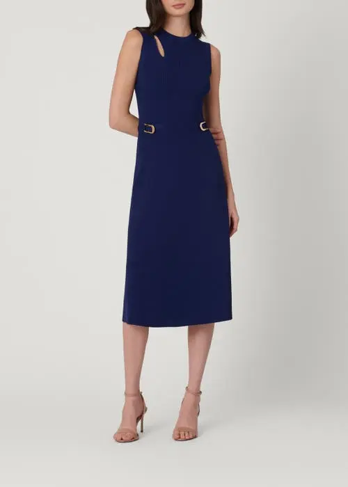 Shoshanna Ribbed Knit Midi Dress With Buckle Detail - Navy Blue