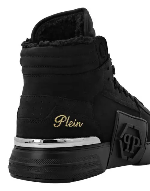 Philipp Plein Suede &amp; Shearling Mid Top Sneakers Phantom Kick