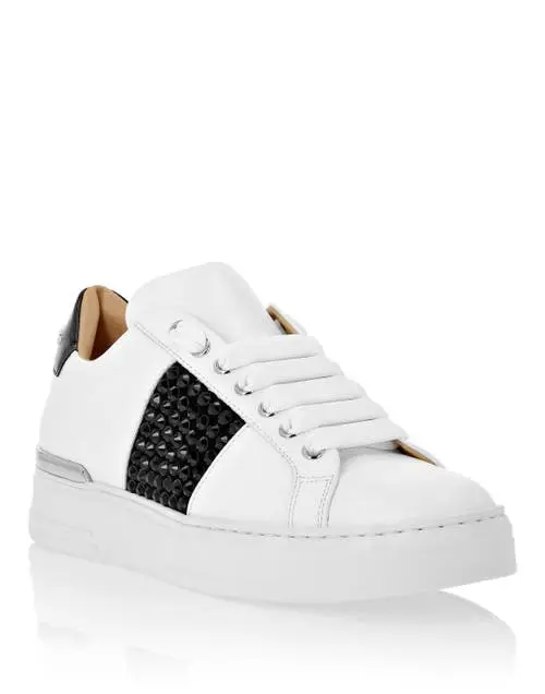 Philipp Plein Mix Leather Lo-top Sneakers With Crystal Embellishments - White/black