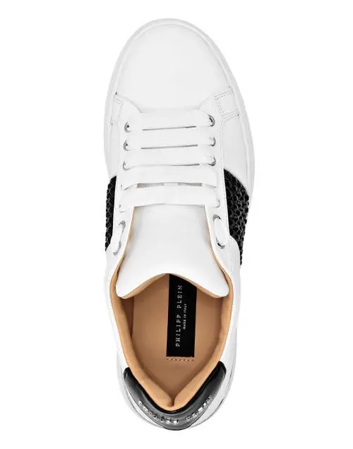 Philipp Plein Bicolor Leather Low-top Sneakers With Embellished Strap - White/black
