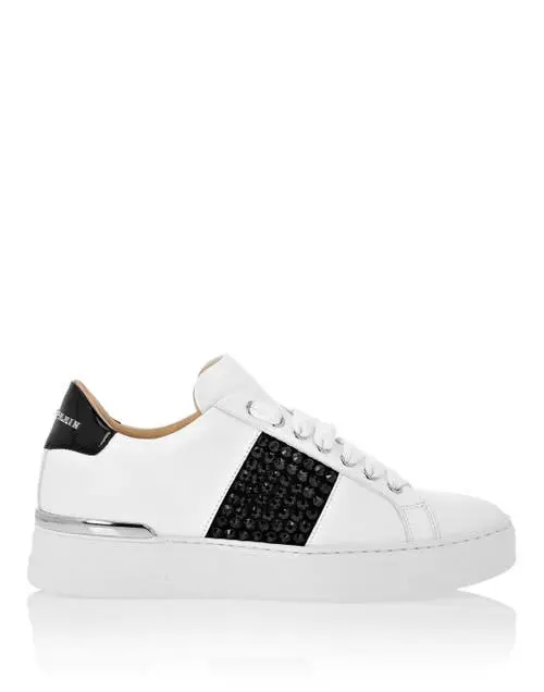 Philipp Plein Bicolor Leather Low-top Sneakers With Embellished Strap - White/black