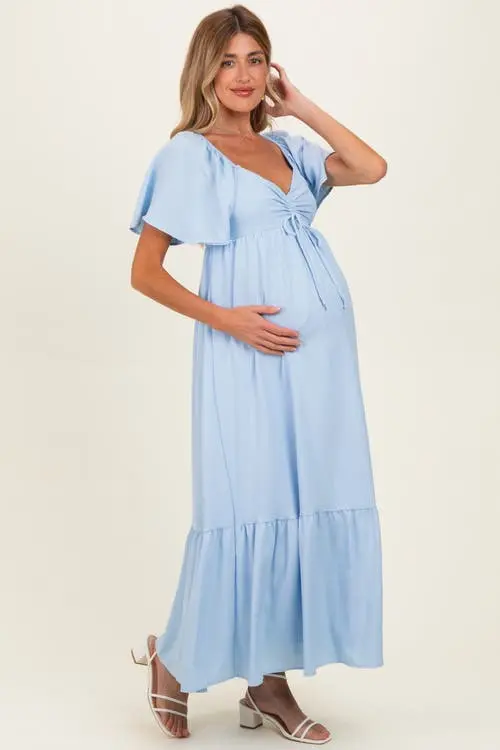 PINKBLUSH Flutter Sleeve Ruffle Hem Maternity Maxi Dress