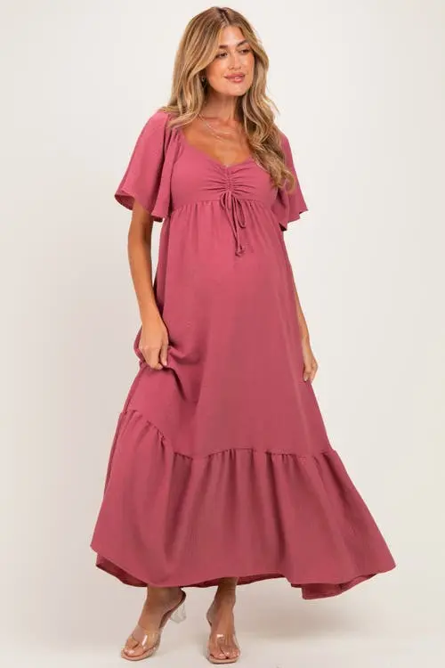 PINKBLUSH Flutter Sleeve Ruffle Hem Maternity Maxi Dress - Mauve