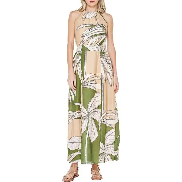 CIEBON Charlotte Print Halter Maxi Dress - Green Multi