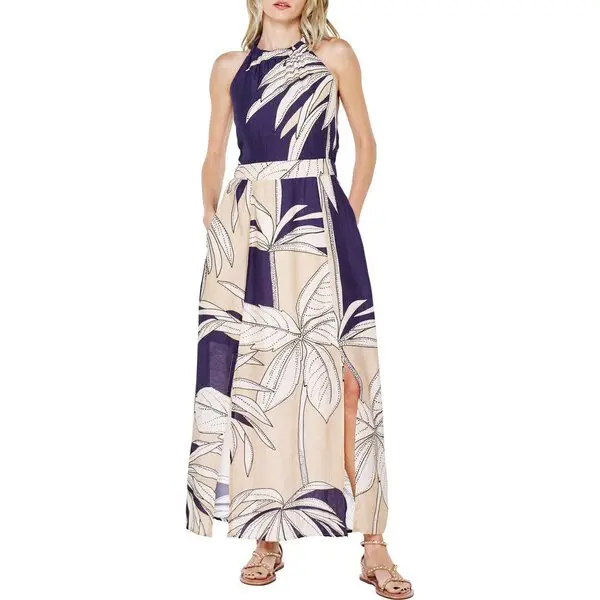 CIEBON Charlotte Print Halter Maxi Dress - Navy Multi
